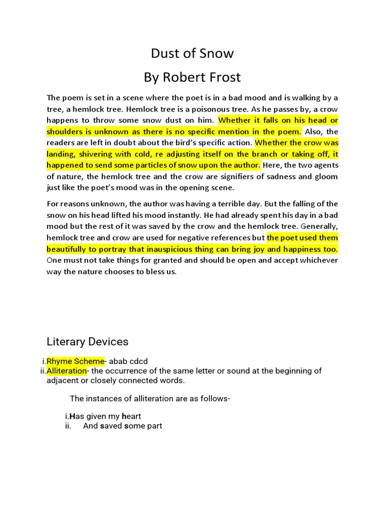 Dust of Snow by Robert Frost: Literary Devices | PDF | Poetry