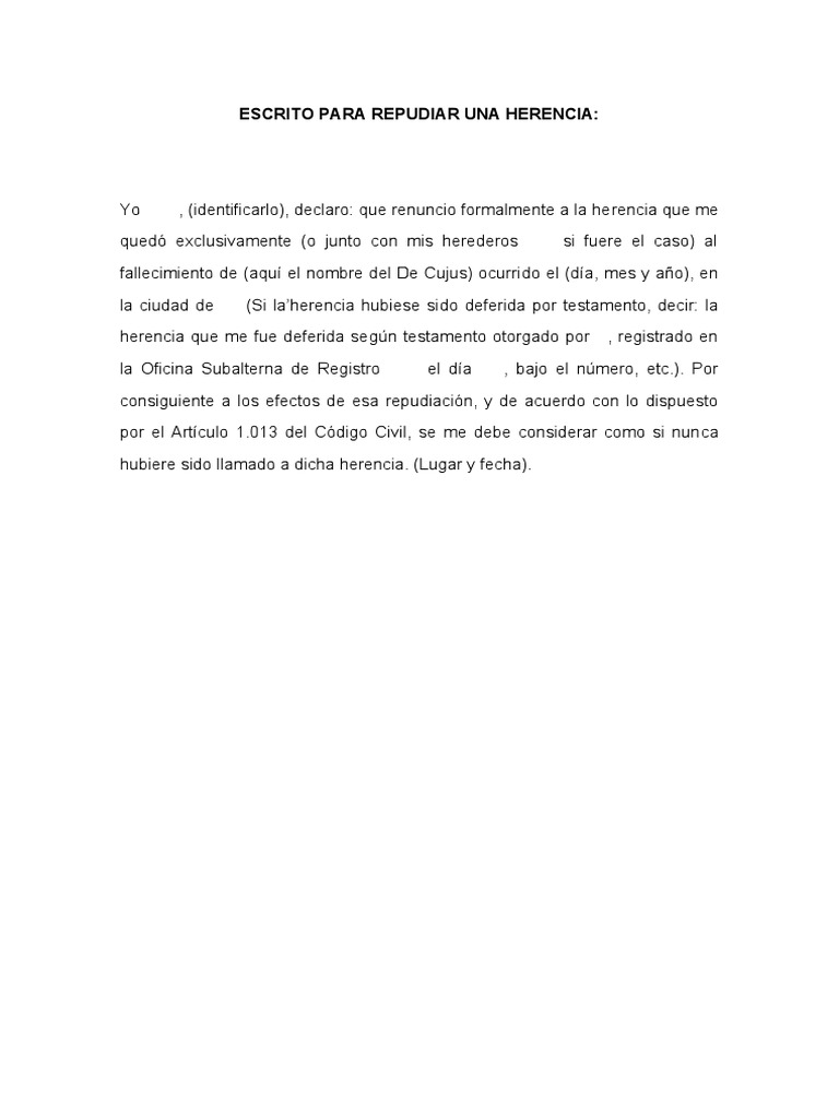 Escrito Para Repudiar Una Herencia Pdf