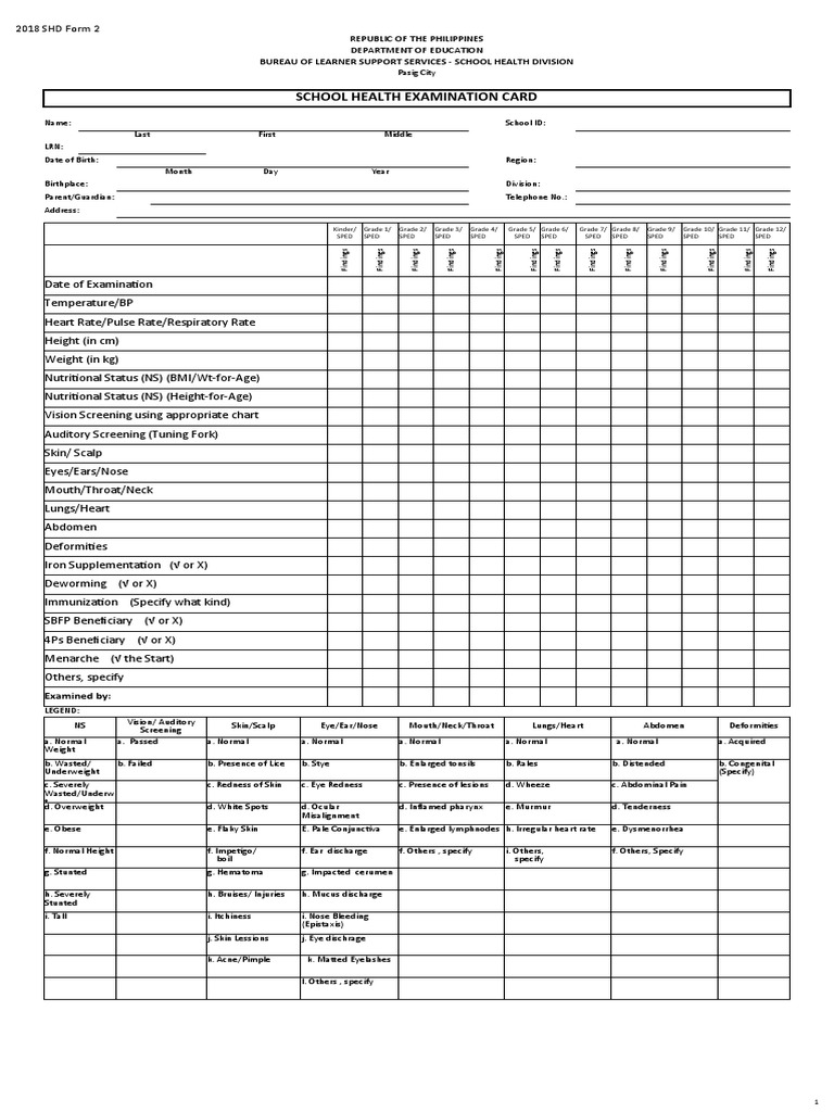 School Health Examination Card: Bureau of Learner Support Services ...