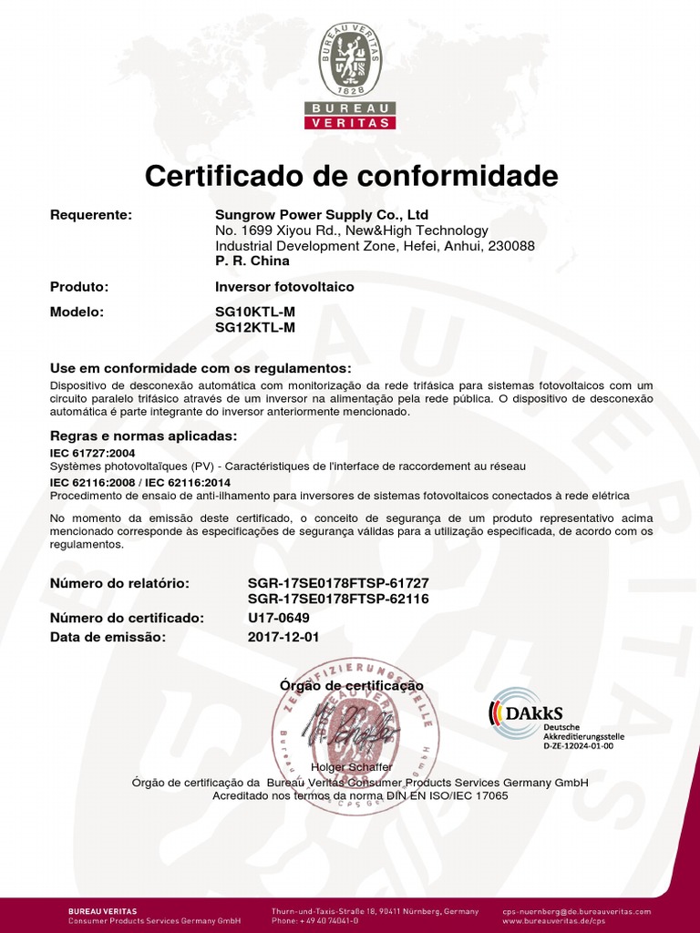 Certificado de conformidade para inversores fotovoltaicos SG10KTL-M e ...