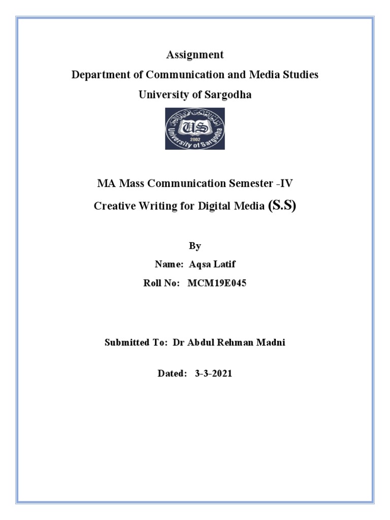 Assignment Department of Communication and Media Studies University of ...