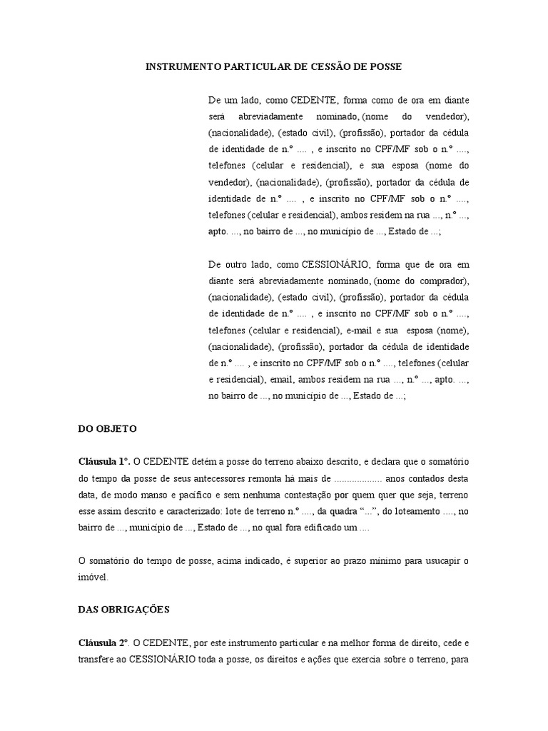 Instrumento Particular De Cessão De Posse E De Benfeitorias Pdf