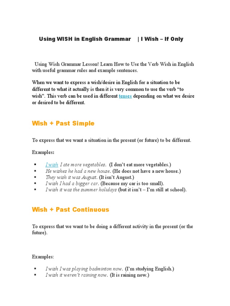 Using 'Wish' in English Grammar | PDF | Linguistics | Grammar