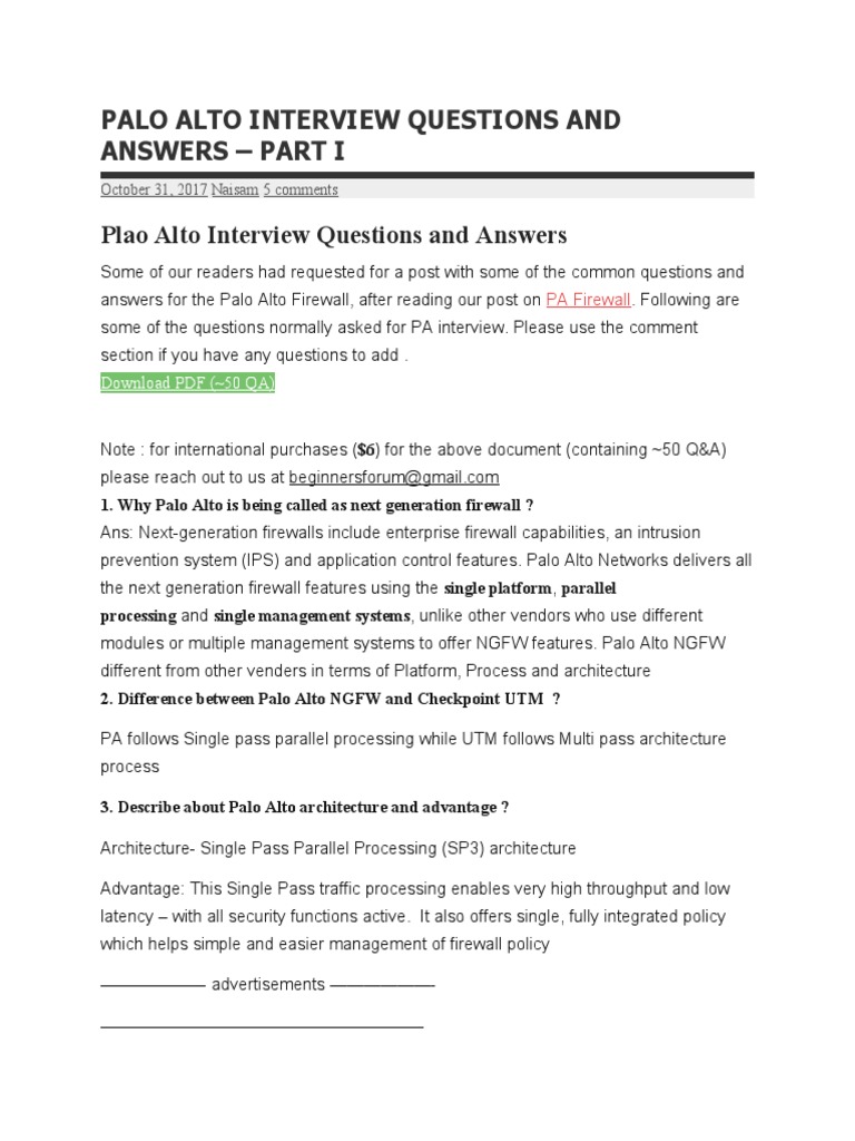 Palo Alto Interview Questions and Answers | PDF | Transmission Control ...