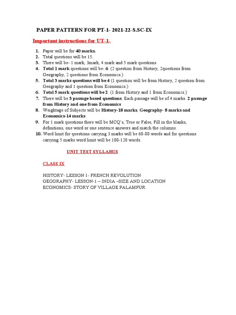 Paper Pattern For PT-1 2021-22 | PDF