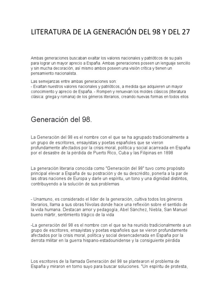 Literatura de La Generación Del 98 y Del 27 | PDF | Movimientos ...