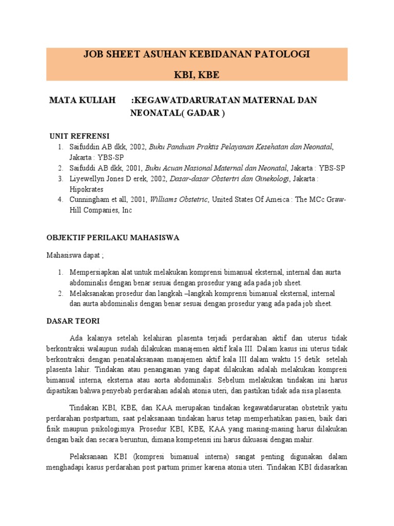 Job Sheet Asuhan Kebidanan Patologi (Kbi & Kbe) | PDF