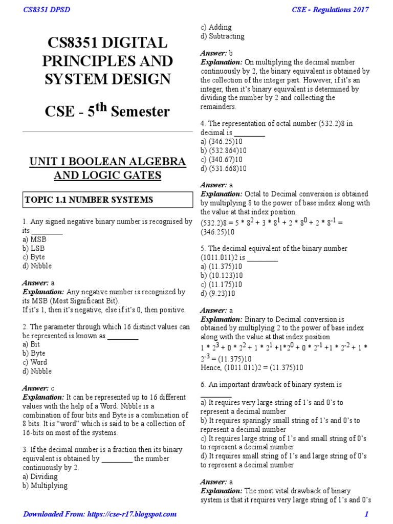 CS8351 Digital Principles and System Design MCQ | PDF | Binary Coded Decimal | Logic Gate