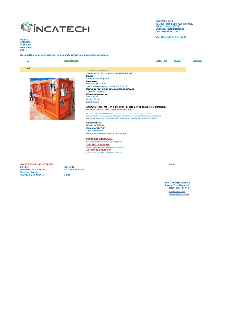 Cot. Incatech N1166-2021 (Jaula Inflado) | PDF | Vehículos | Science