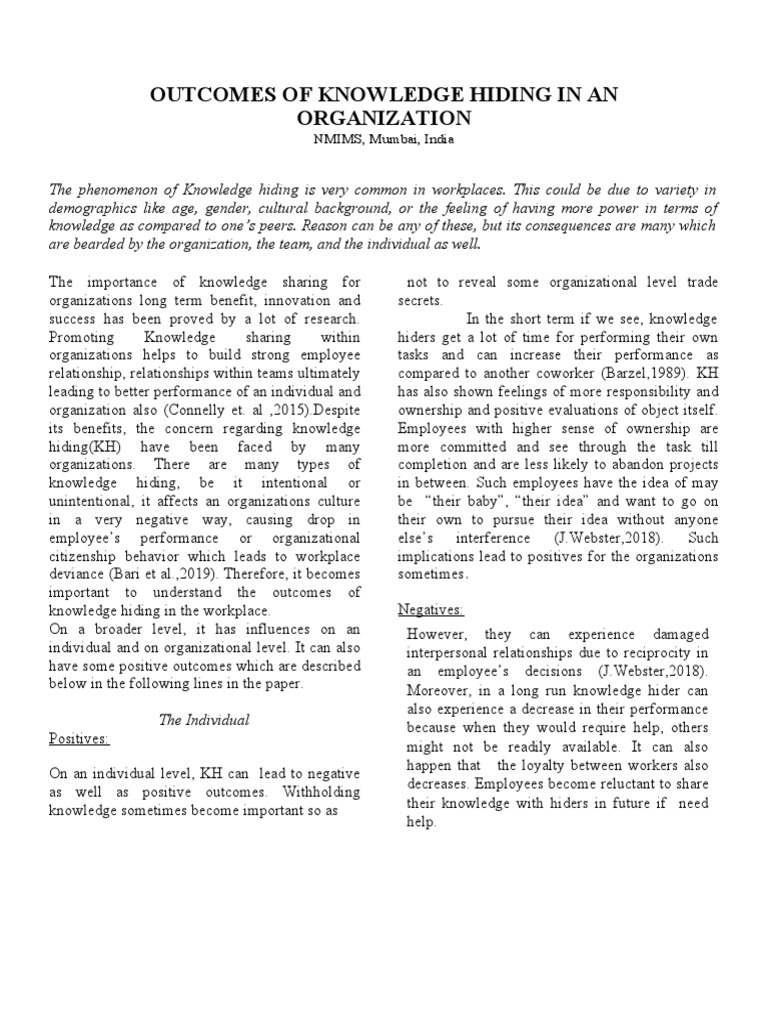 Knowledge Hiding IN ORGANIZATIONS | PDF | Employment | Creativity