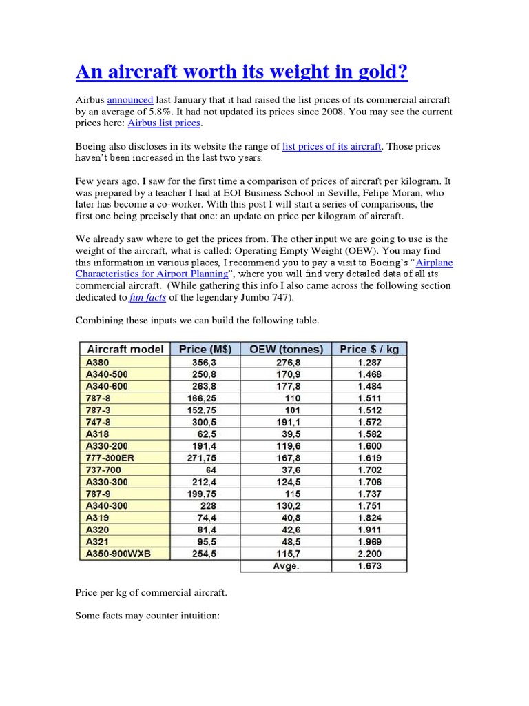 Aircraft Price Comparison by Weight | PDF | Aircraft | Airliner