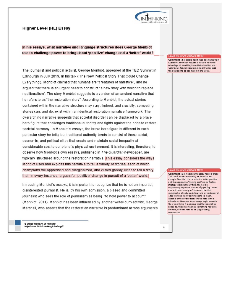 IB HL English Essay Sample With Comments | PDF | Narrative | Essays