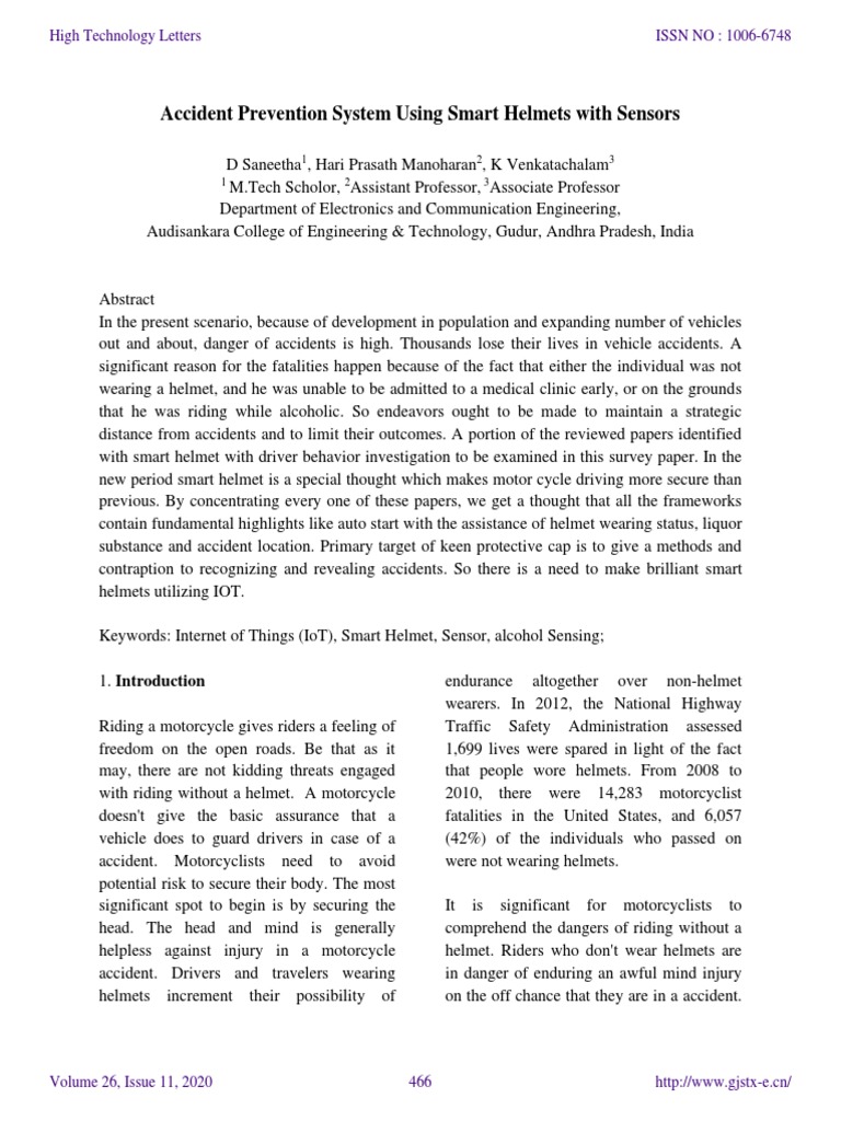 Accident Prevention System Using Smart Helmets With Sensors: High Technology Letters ISSN NO ...