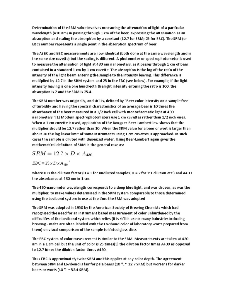 Beer Color Measurement: SRM vs EBC | PDF | Radiation | Light