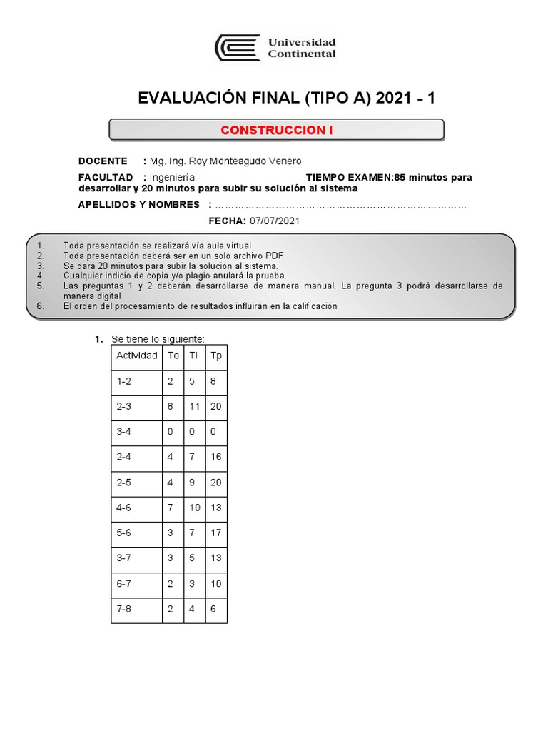 Examen Final Construccion I 2021-1 (A) | Descargar gratis PDF | Pruebas | Pruebas psicologicas