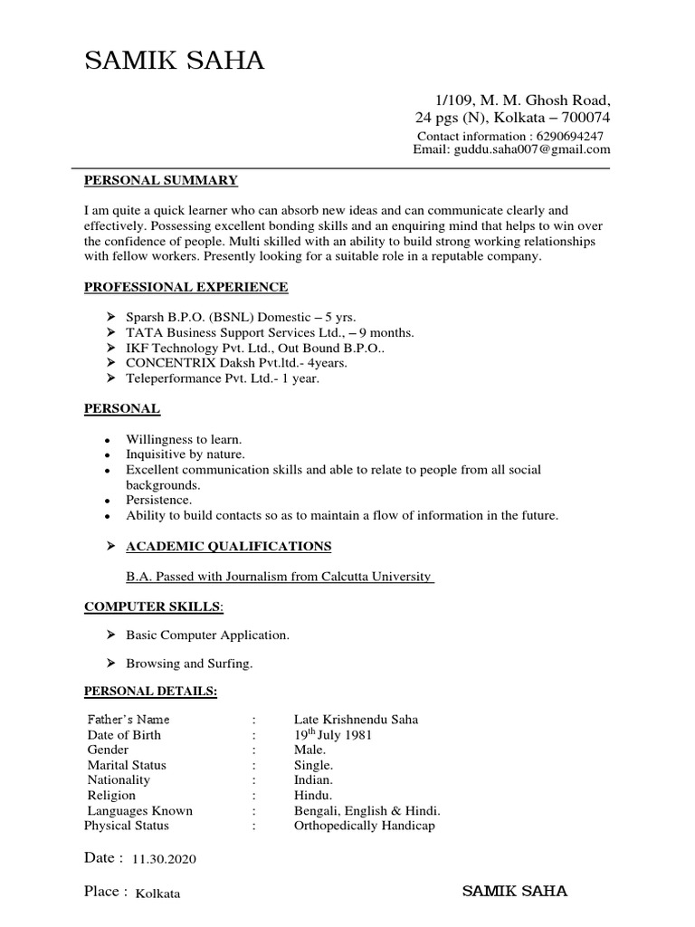 Resume of Samik Saha - BPO Professional | PDF