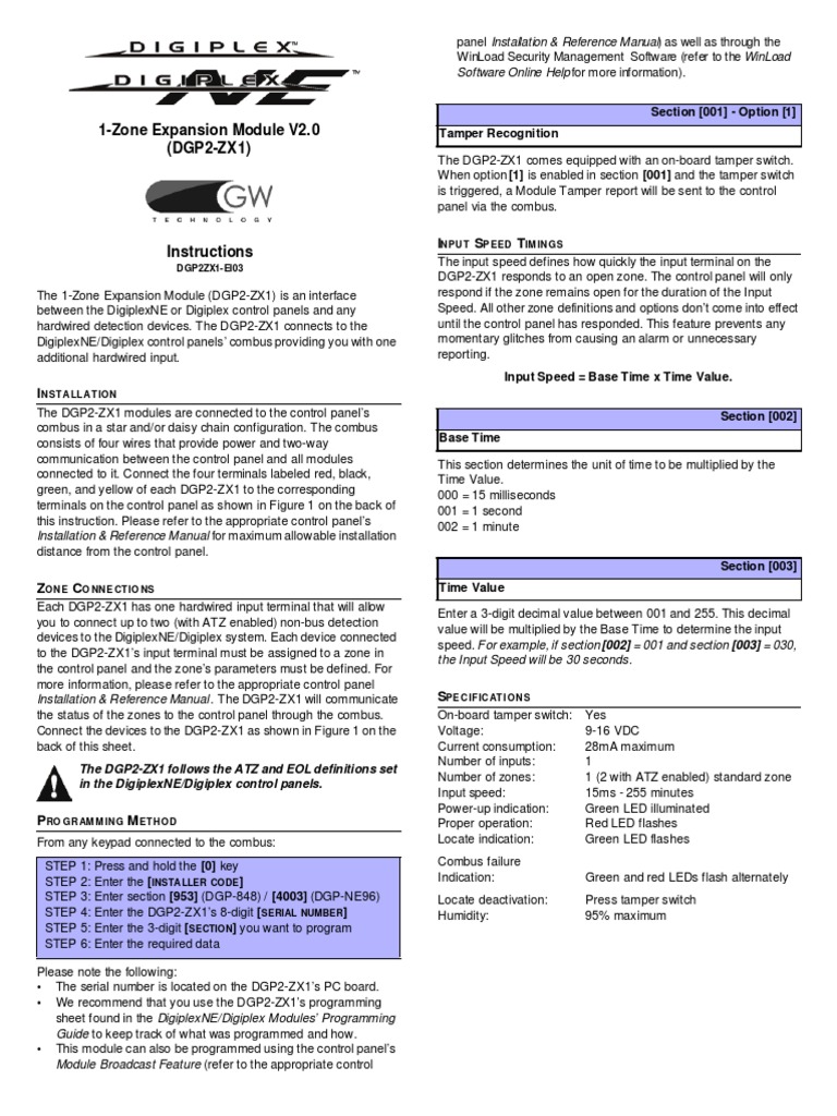 1-Zone Expansion Module V2.0 (DGP2-ZX1) : Section (001) - Option (1 ...