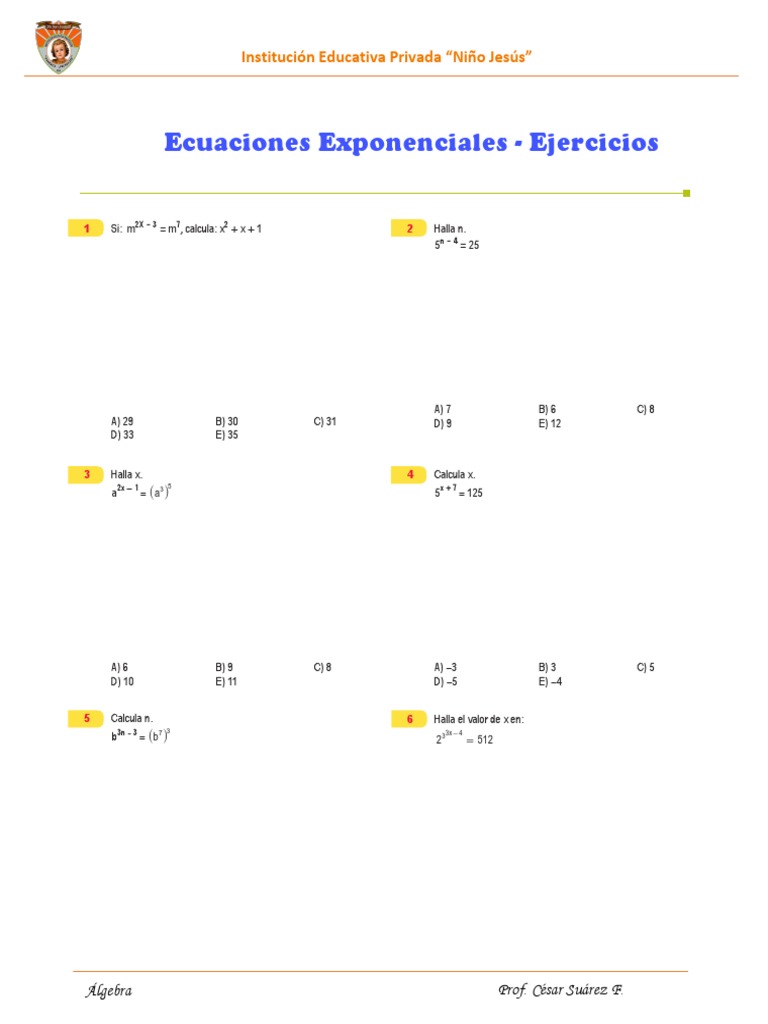 7 Junio - Algebra - 1s - Ecuaciones Exponenciales Ejercicios | PDF | Enseñanza de matemática