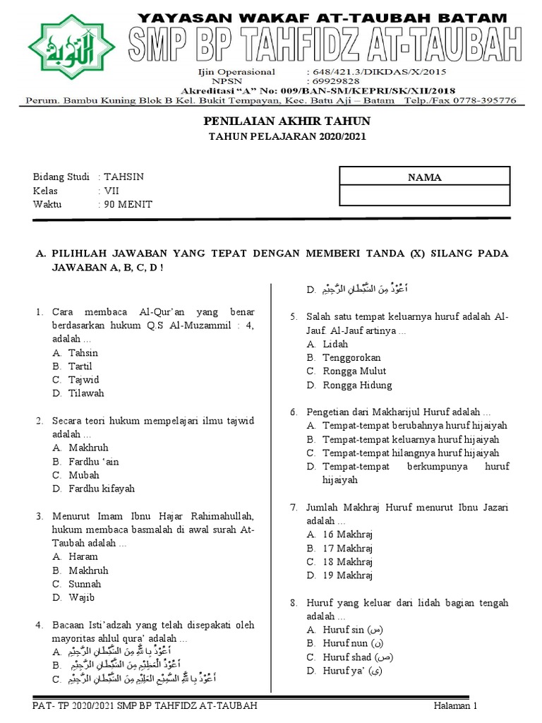Fix Soal PAT Kls 7 Tahsin 2020-2021 | PDF