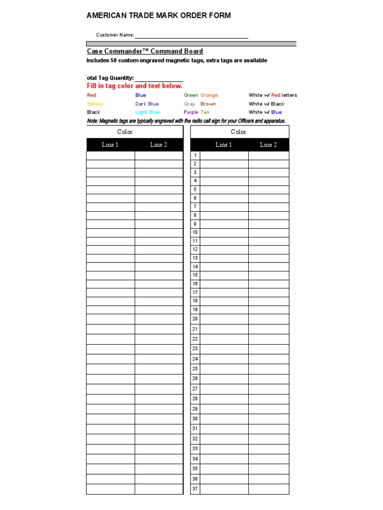 American Trade Mark Order Form: Fill in Tag Color and Text Below | PDF ...
