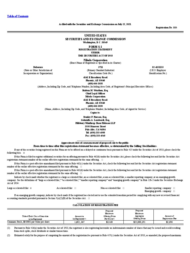 Nikola July 22, 2021 SEC FORM S-1 Defendant Trevor Milton | PDF ...
