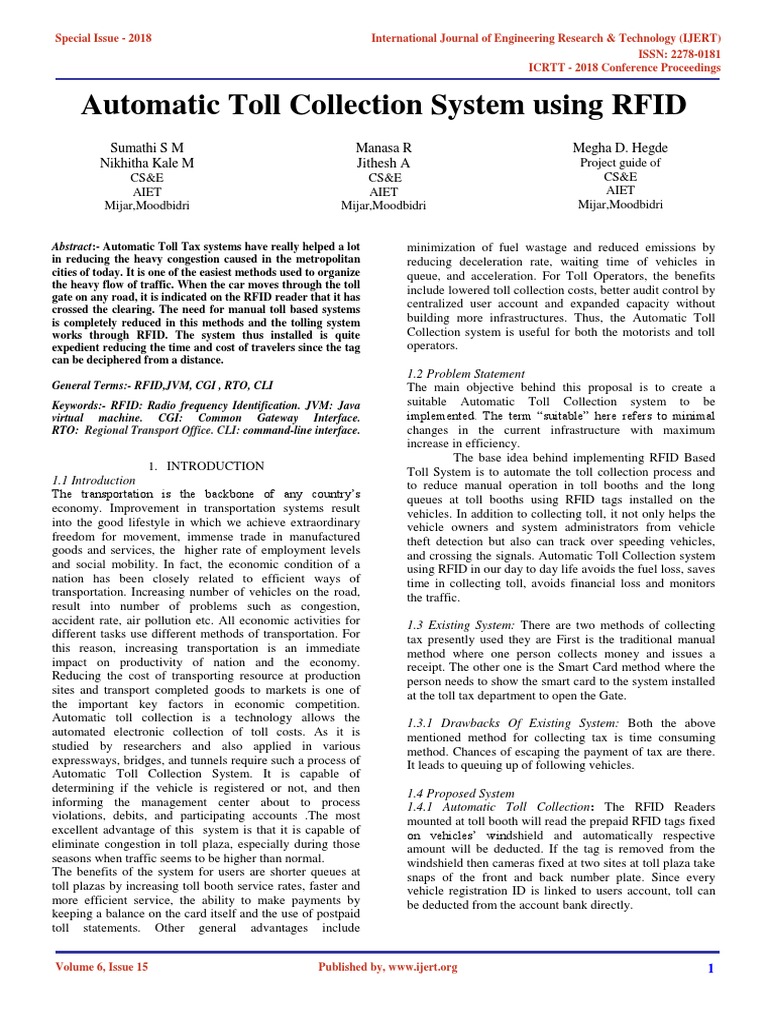 Automatic Toll Collection System Using Rfid IJERTCONV6IS15124 | PDF ...