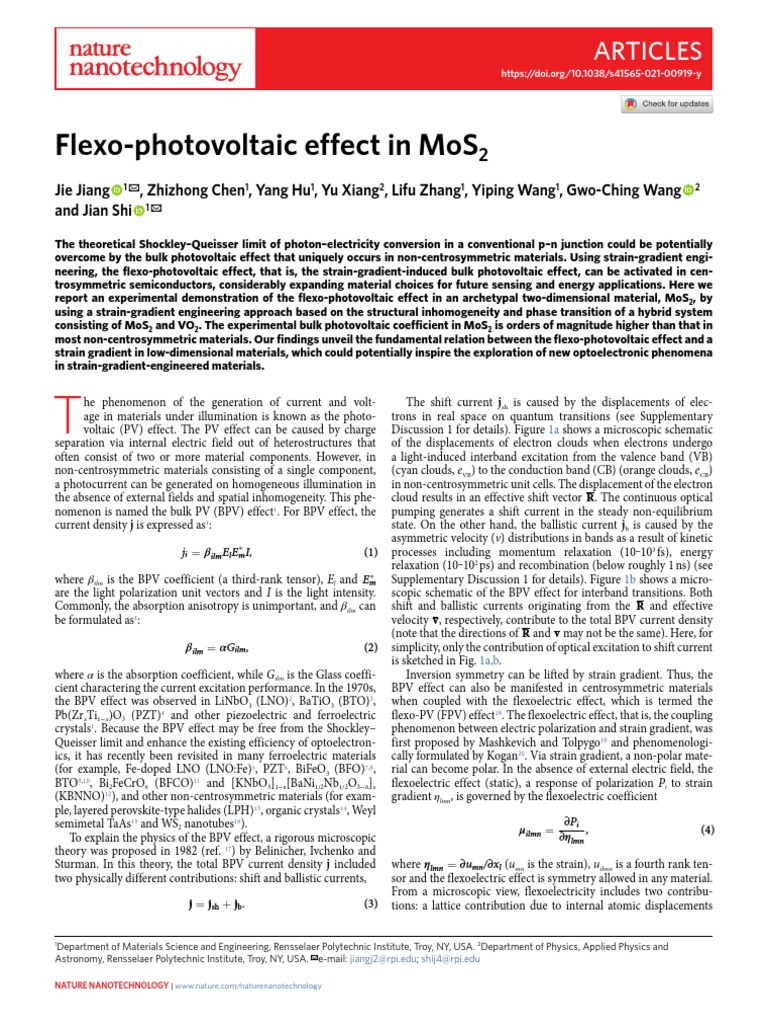Flexo-Photovoltaic Effect in MoS2 | PDF | Raman Spectroscopy | Electron