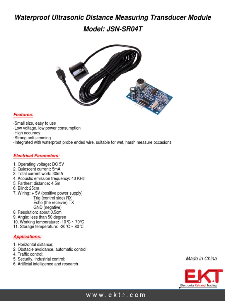 Waterproof Ultrasonic Distance Measuring Transducer Module Model: JSN-SR04T | PDF
