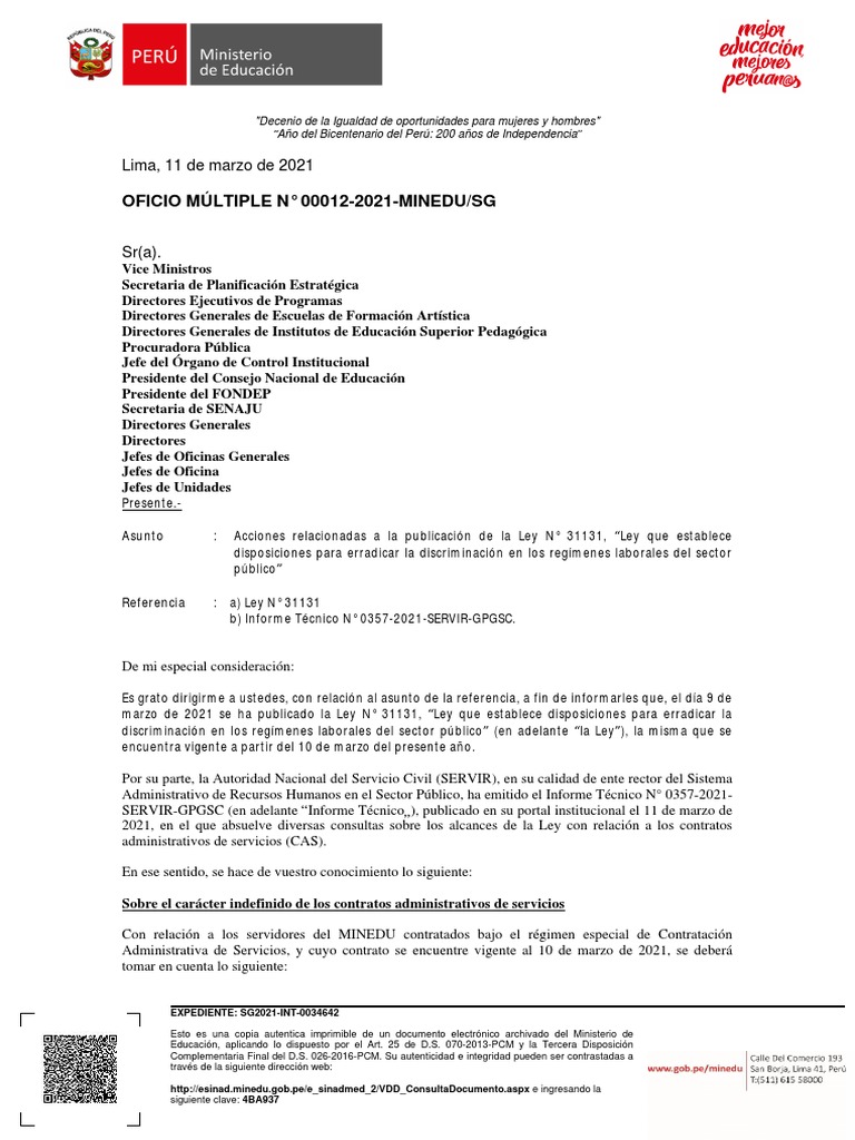 Oficio Multiple 00012 2021 Minedu Sg Pdf Regulación Gobierno