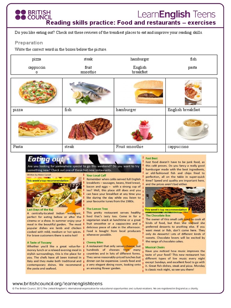 Food and Restaurants-Exercises | PDF | Restaurants | Meal