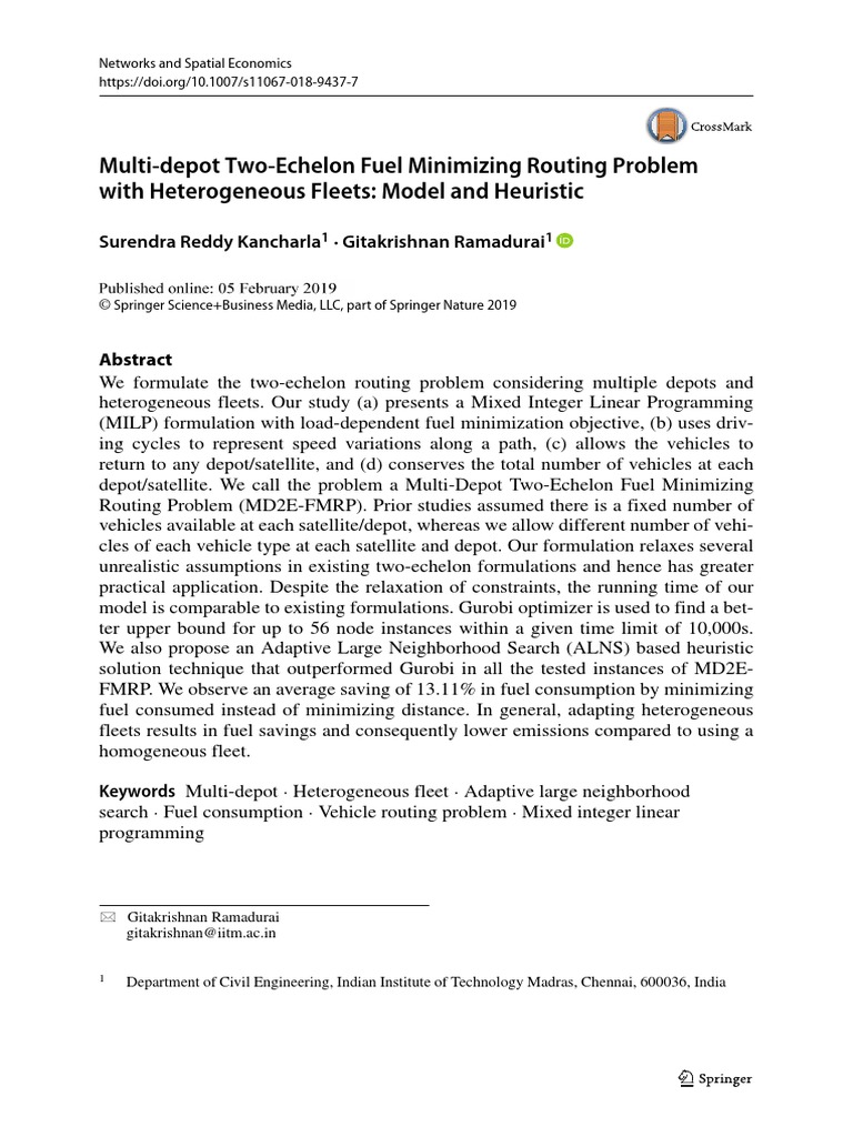 Multi-Depot Two-Echelon Fuel Minimizing Routing Problem With Heterogeneous Fleets: Model and ...
