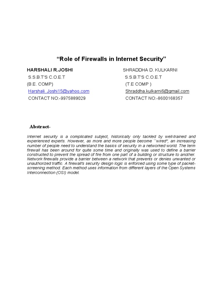 "Role of Firewalls in Internet Security": Harshali R.Joshi | PDF ...