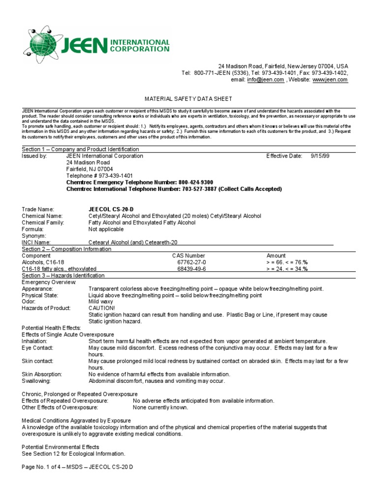 MSDS for JEECOL CS-20-D | PDF | Superfund | Firefighting
