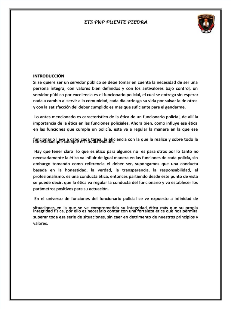 Ets Pnp Puente Piedr ética Y Función Policial Pdf Policía Moralidad