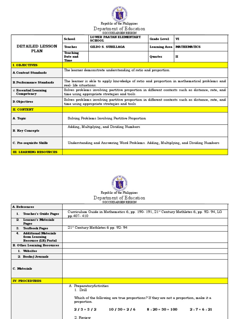 Detailed Lesson Plan - Math VI | PDF | Ratio | Learning