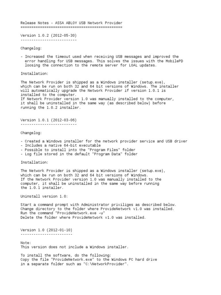Release Notes for ASSA ABLOY USB Network Provider Version 1.0.2 ...