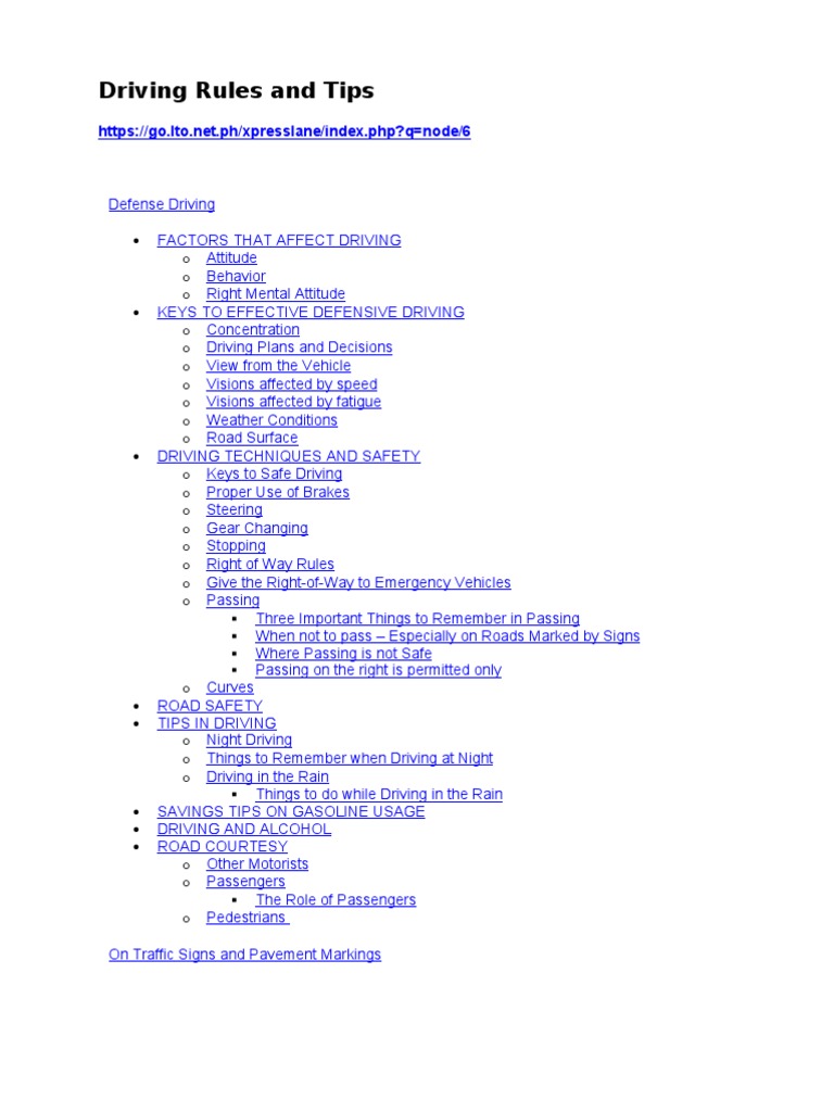 Driving Rules and Tips | PDF | Traffic | Driving