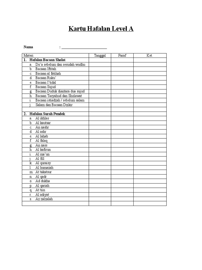 Kartu Hafalan Level A | PDF
