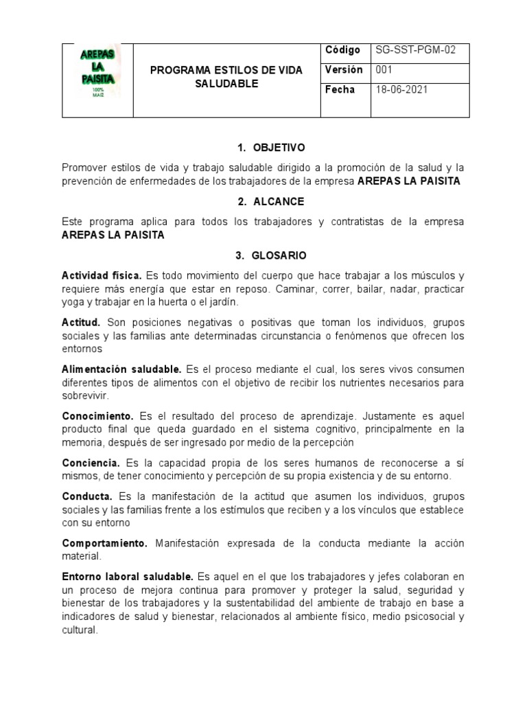 Programa Estilos de Vida Saludable | PDF | La naturaleza humana | Ciencias de la Salud