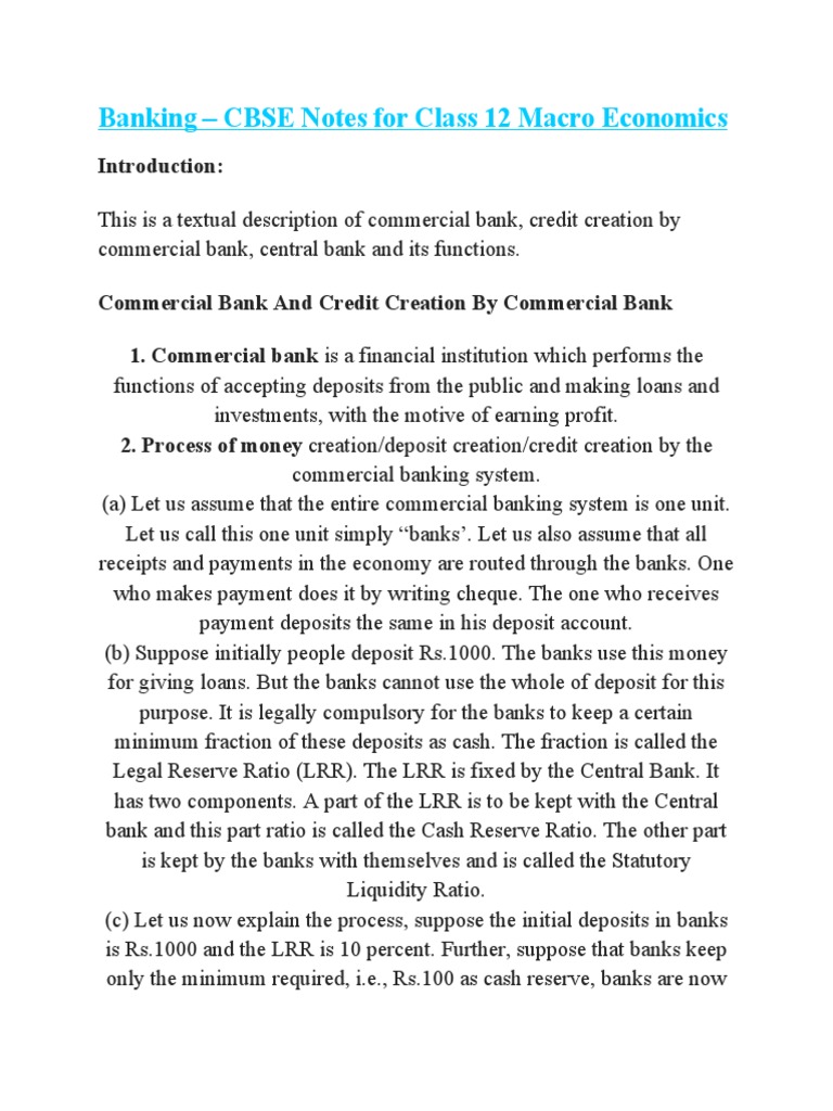 Banking - CBSE Notes For Class 12 Macro Economics | PDF | Central Banks ...