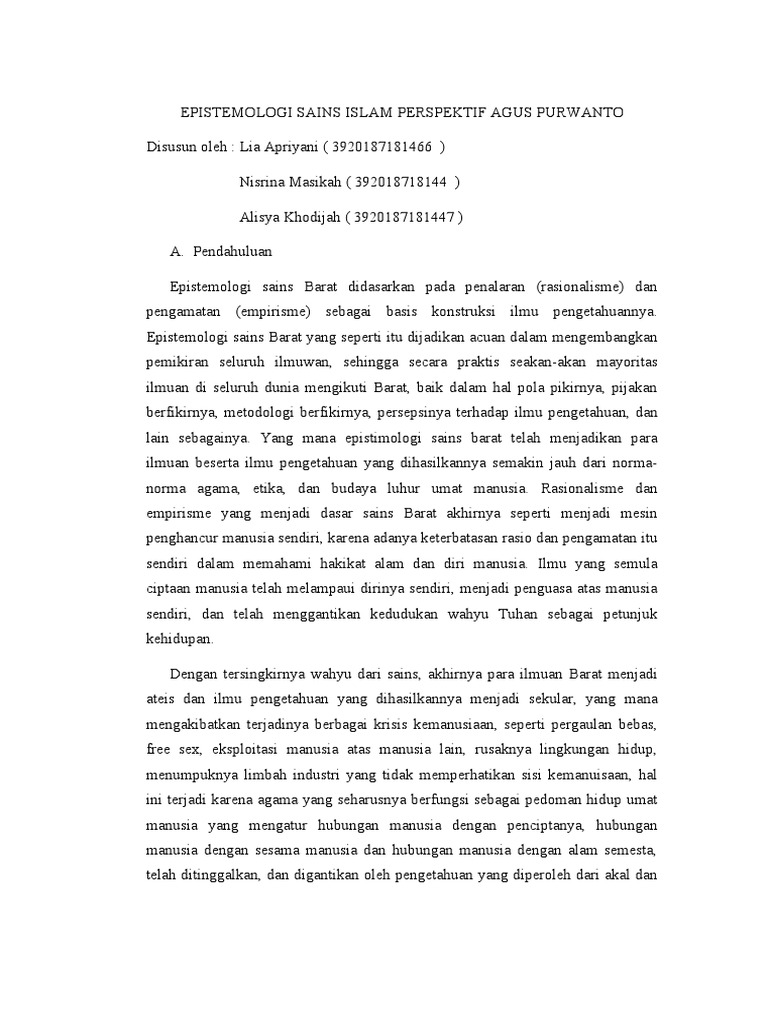 Epistemologi Sains Islam Perspektif Agus Purwanto | PDF
