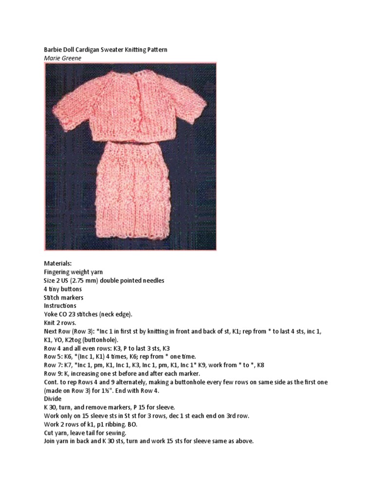 Barbie Doll Cardigan Sweater Knitting Pattern 10242020 | PDF