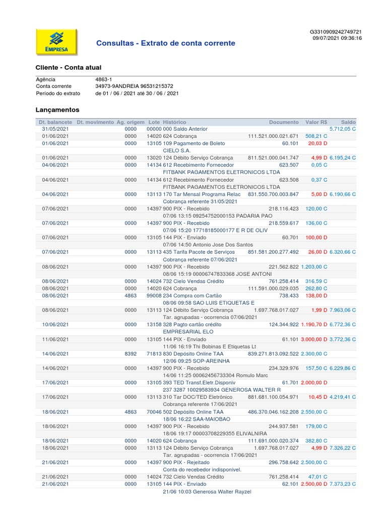 Consultas - Extrato de Conta Corrente | PDF | Conta bancária | Serviços ...