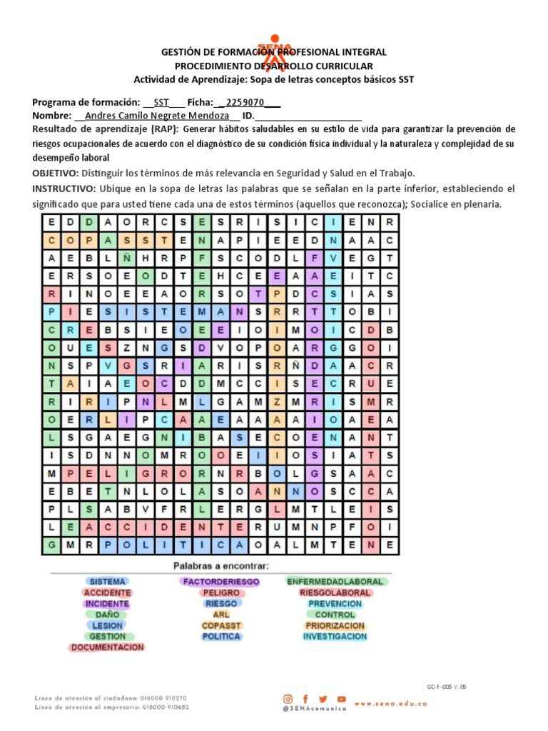 Sopa de Letras: Hábitos Saludables SST | PDF