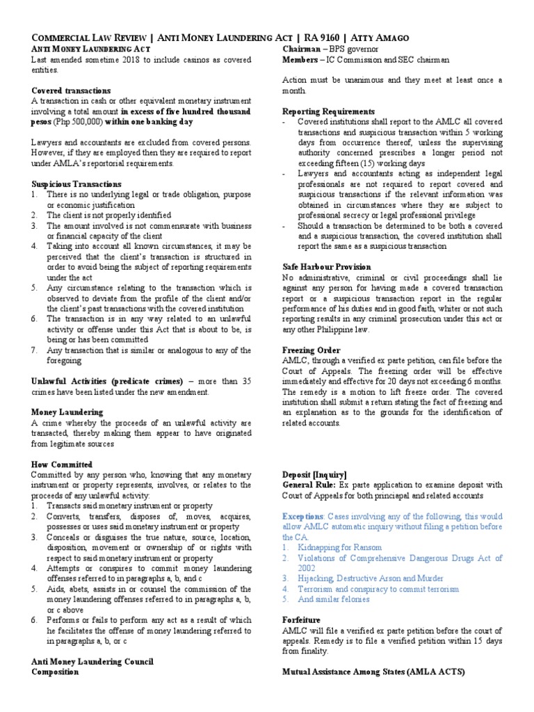 Comprehensive Summary of the Anti-Money Laundering Act (RA 9160) and ...