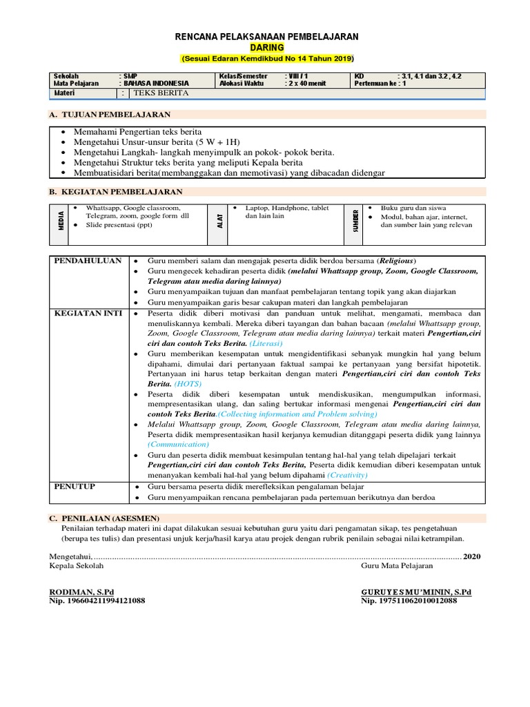 RPP Daring Bahasa Indonesia Kelas 8 Full | PDF
