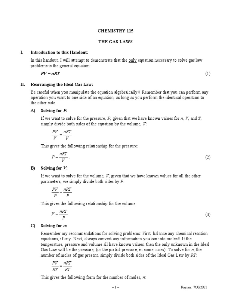 PV NRT: Chemistry 115 The Gas Laws I. Introduction To This Handout ...