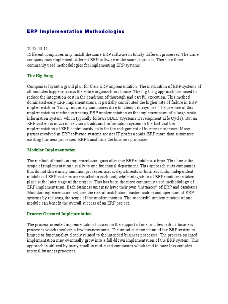 ERP Implementation Methodologies | PDF | Enterprise Resource Planning ...