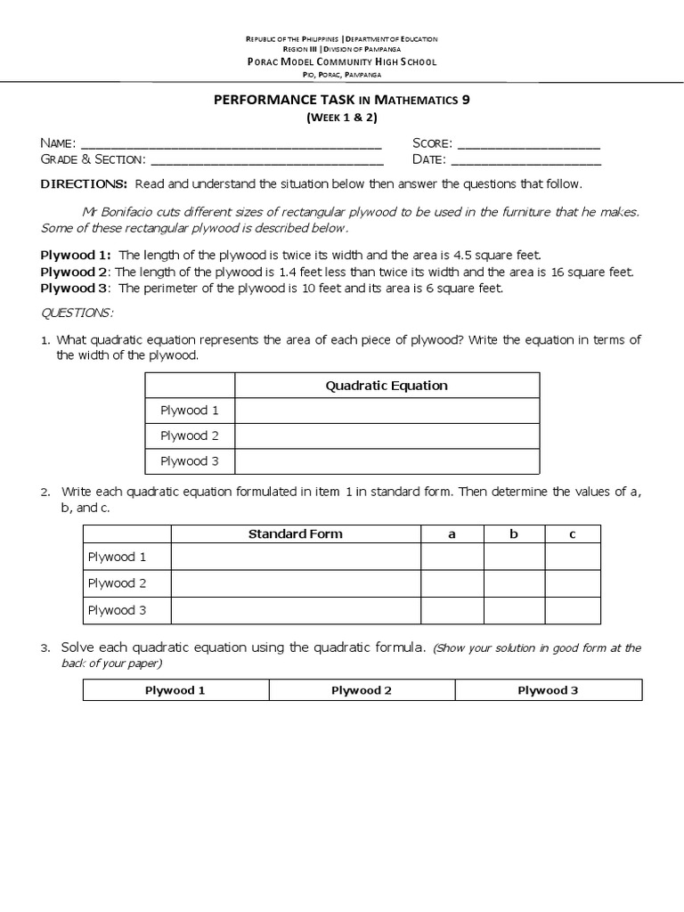 Math 9 Performance Task on Plywood Dimensions | PDF | Teaching Methods ...