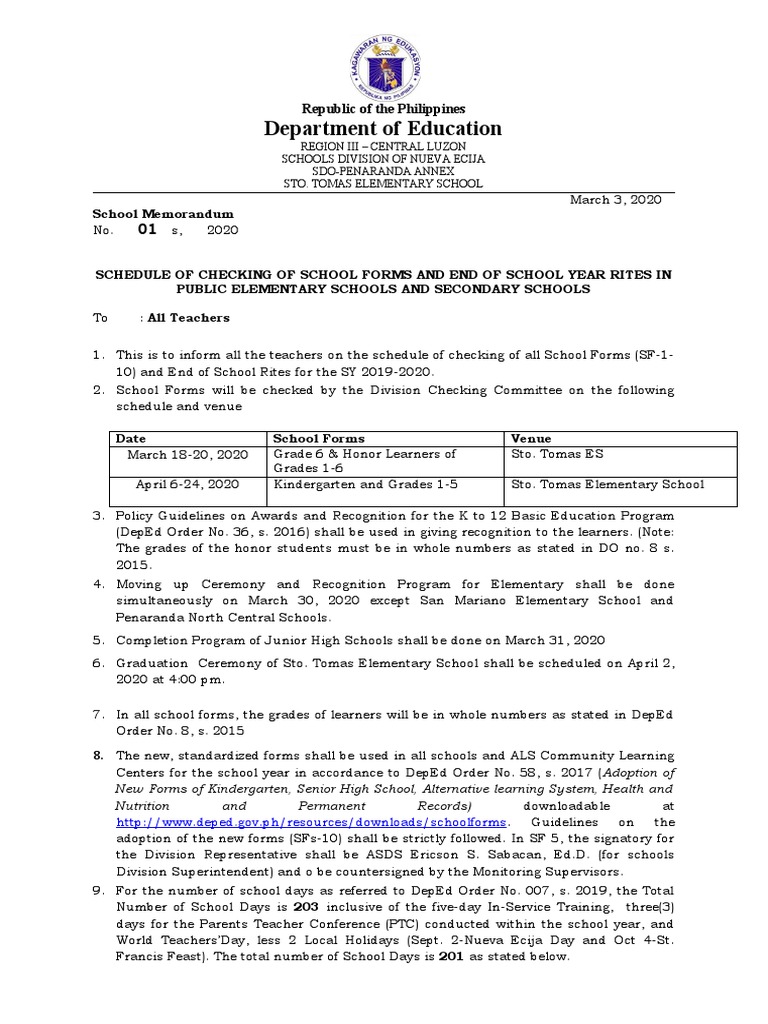 School Memorandum On Schedule of Checking of School Forms | PDF | Schools | Educational Stages